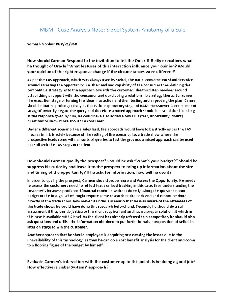 MBM - Case Analysis Note: Siebel System-Anatomy of A Sale | PDF | Psychology | Business