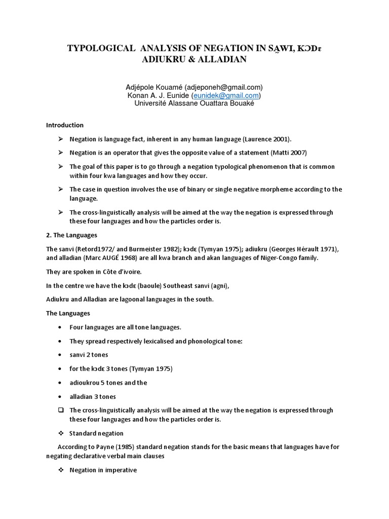 Typological Analysis of Negation in Sa ̰ Wi, Kɔdɛ Adiukru & Alladian ...