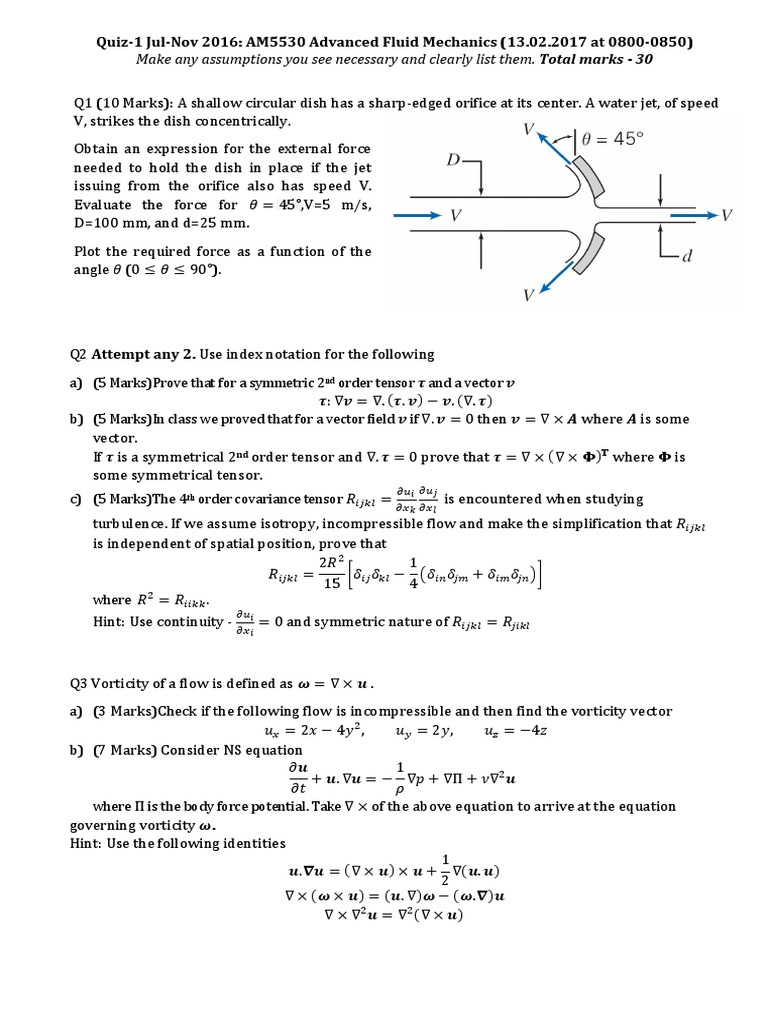 Quiz 1 | PDF | Fluid Mechanics | Tensor