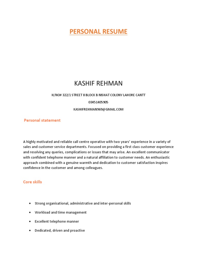 Personal Resume: Kashif Rehman | PDF | Call Centre | Business