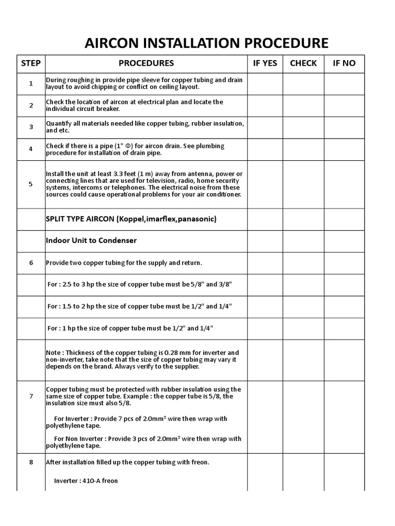 Aircon Installation Procedure: Step Procedures If Yes Check If No | PDF ...