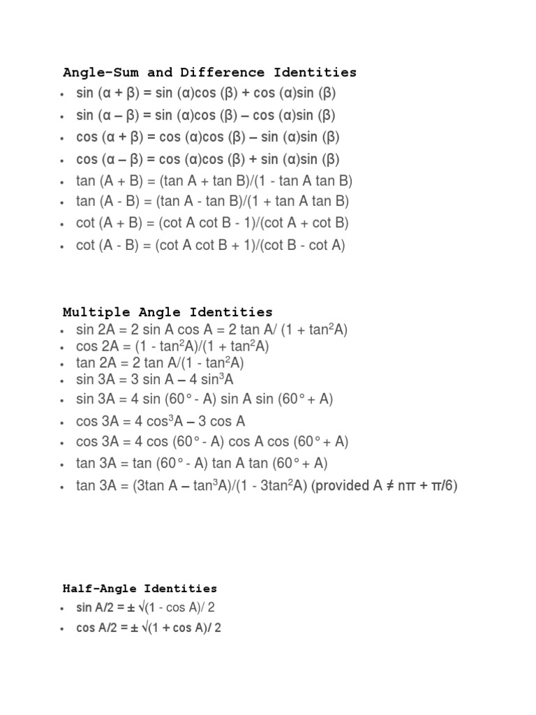 Angle-Sum and Difference Identities: Sin A/2 (1 - Cos A) / 2 Cos A/2 (1 ...