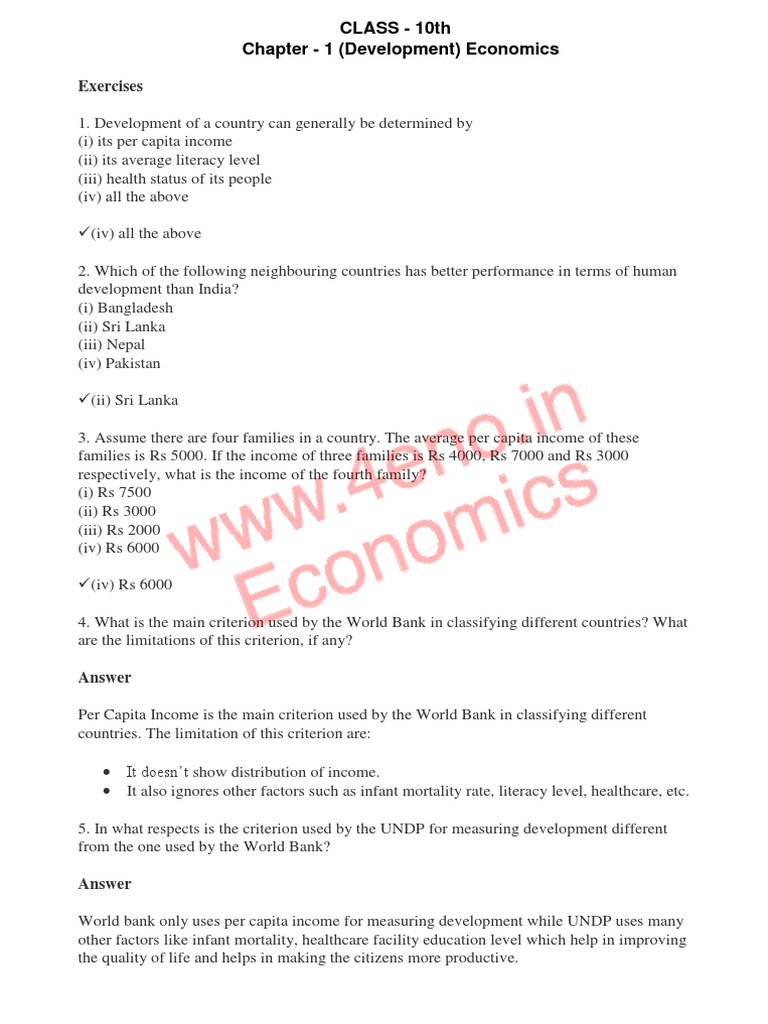 Exercises: CLASS - 10th Chapter - 1 (Development) Economics | PDF ...