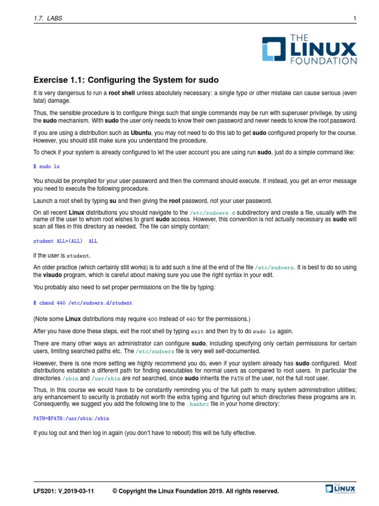 Exercise 1.1: Configuring The System For Sudo: /etc/sudoers.d | PDF | Sudo | Superuser