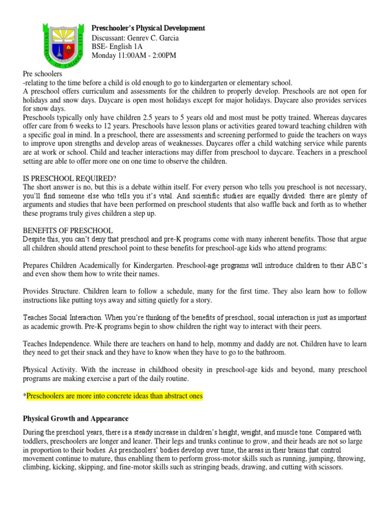 Module 15 Preschooler Physical Development | PDF | Preschool | Child Care