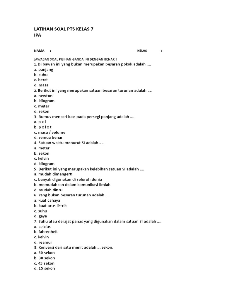 Latihan Soal Pts Kelas 7 Ipa | PDF | Kajian Bahasa Asing | Sains & Matematika