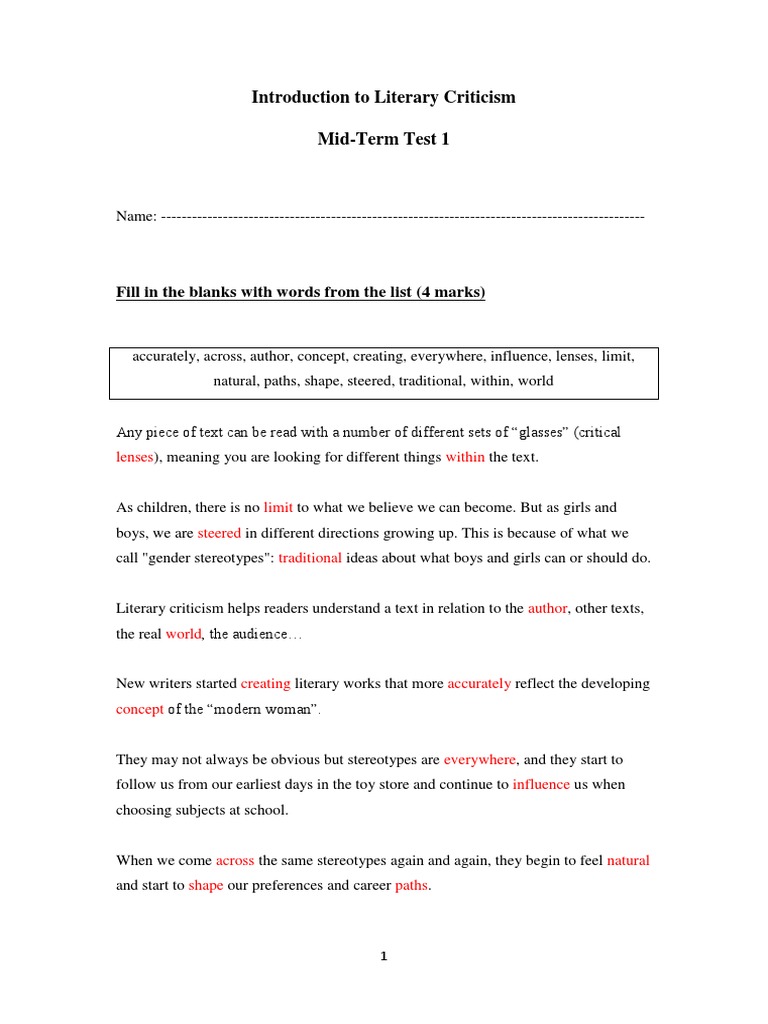 Introduction To Literary Criticism Mid-Term Test 1: Fill in The Blanks ...