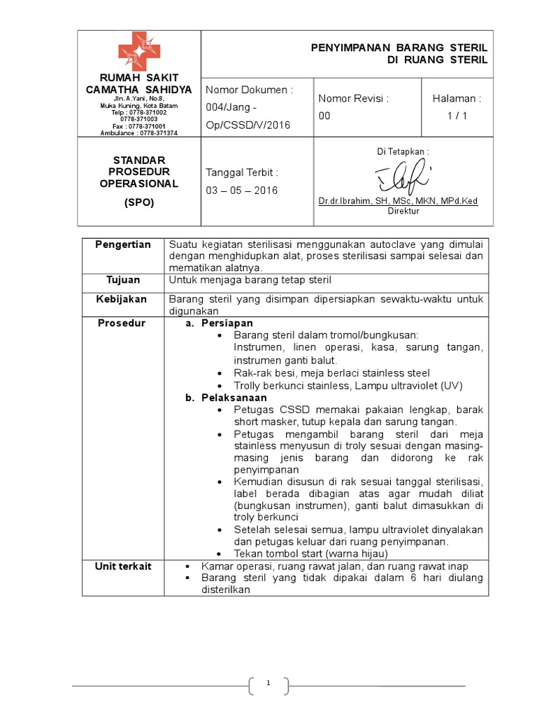 2015 - SPO - CSSD - 04 - Penyimpanan Barang Steril Di Ruang SteriL - PRINT | PDF