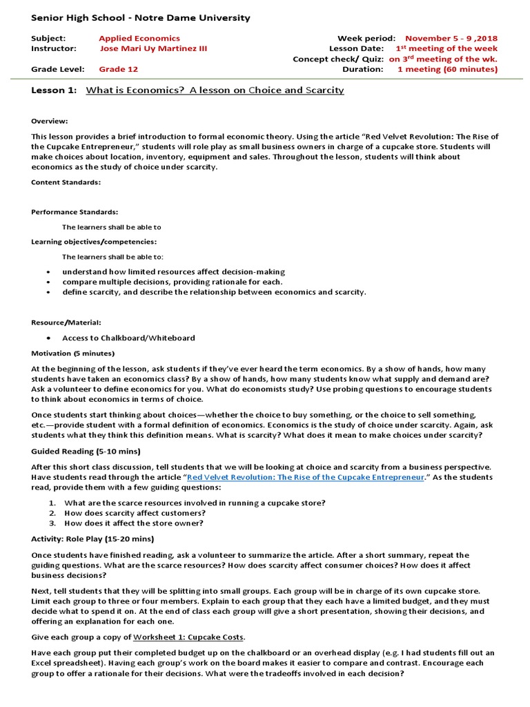 What Is Economics? A Lesson On Choice and Scarcity: Senior High School ...