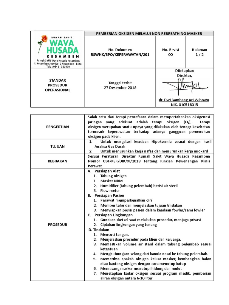 Spo Pemberian Oksigen Melalui Non Rebreathing Masker | PDF