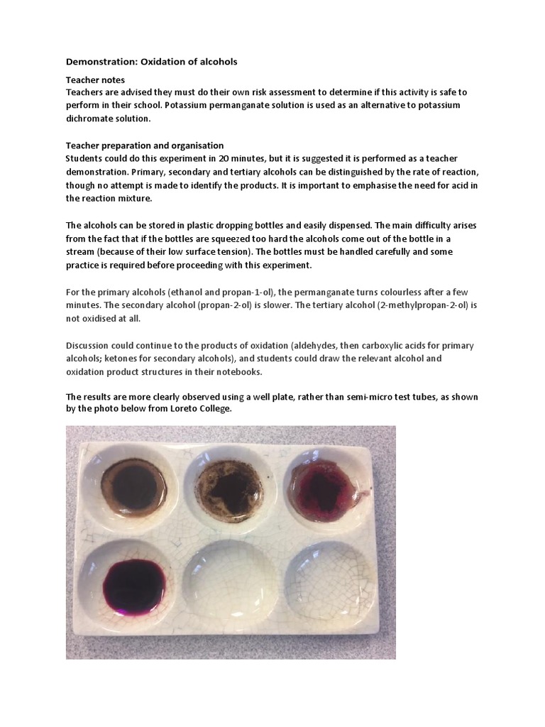 Demonstration: Oxidation of Alcohols: Teacher Notes | PDF | Alcohol | Redox