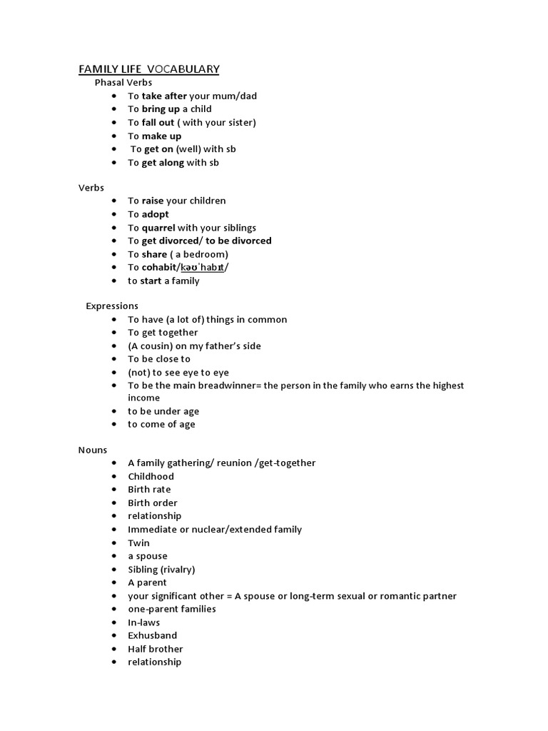 Family Life Vocabulary Guide | PDF