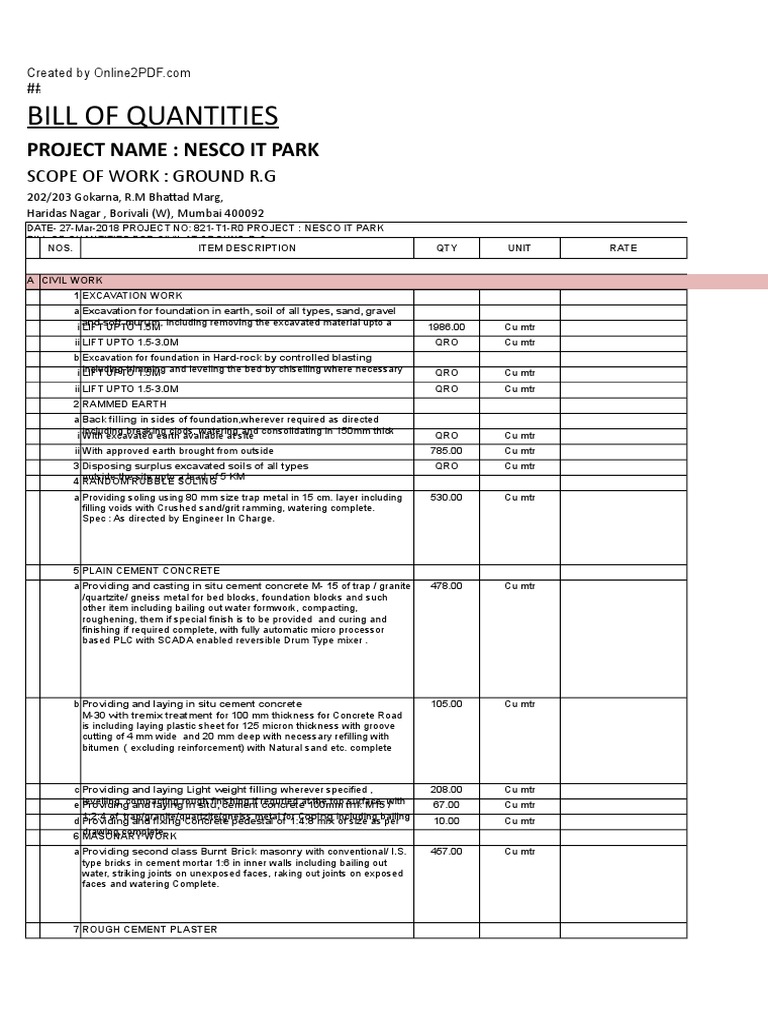 BoQ Civil & MEP | Download Free PDF | Masonry | Concrete