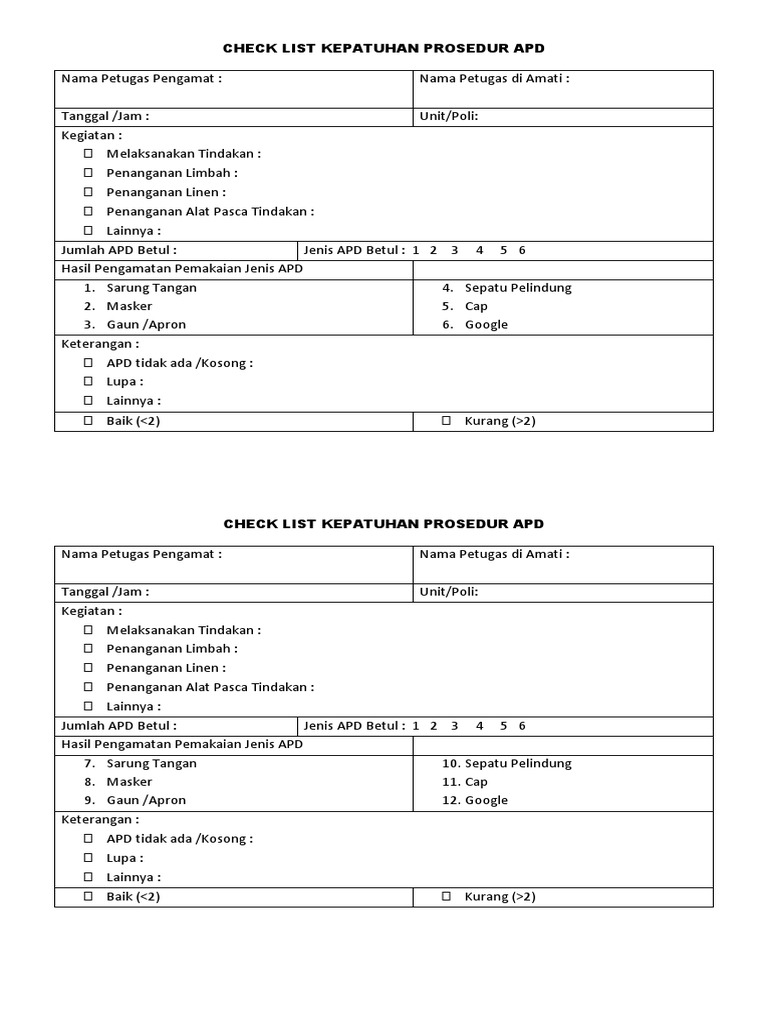 Check List Kepatuhan Prosedur Apd | PDF