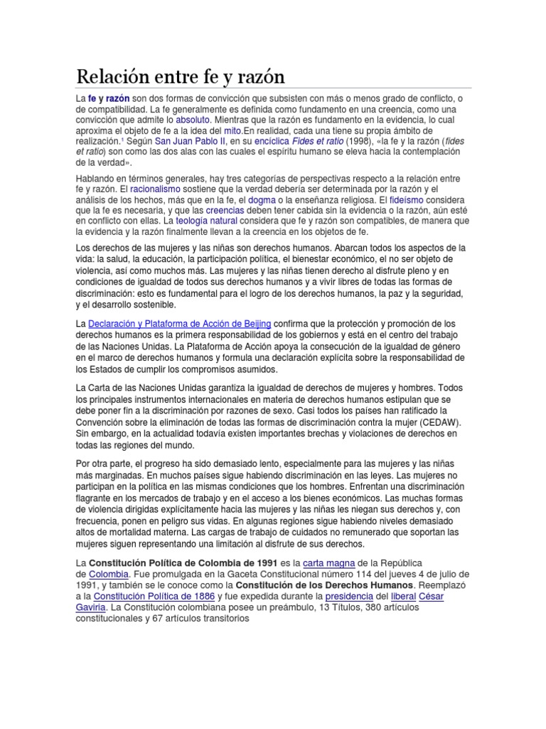 Relación Entre Fe y Razón | PDF | Principios éticos | Instituciones ...