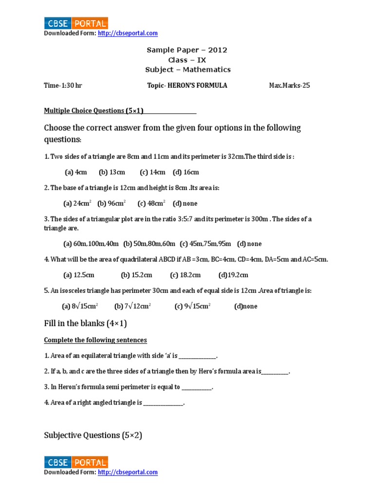 Cbse Class Ix Mathematics Herons Formula Sample Paper 2012 | PDF | Area ...