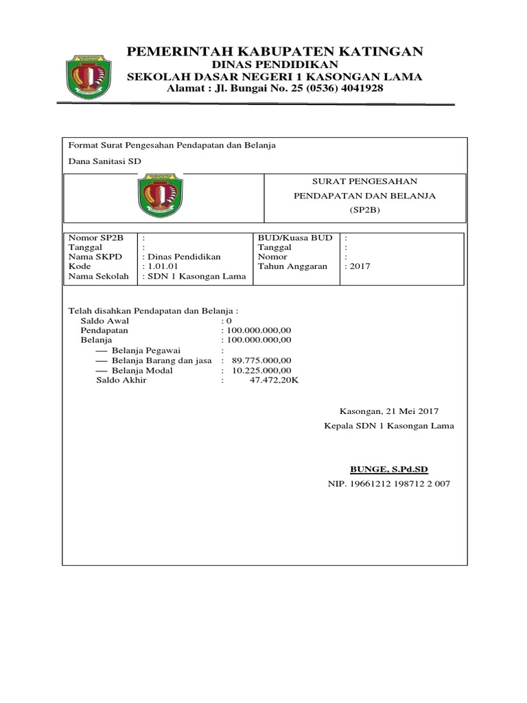 Format Surat Pengesahan Pendapatan Dan Belanja (SP2B) | PDF