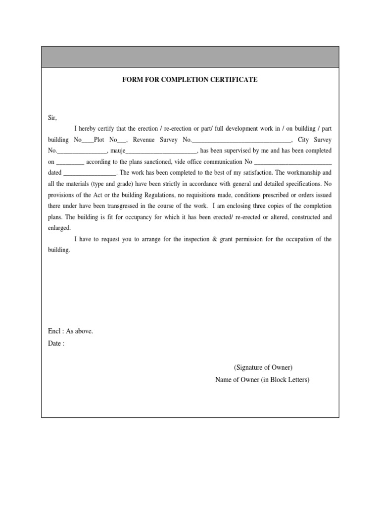 Form For Completion Certificate: Encl: As Above. Date | PDF