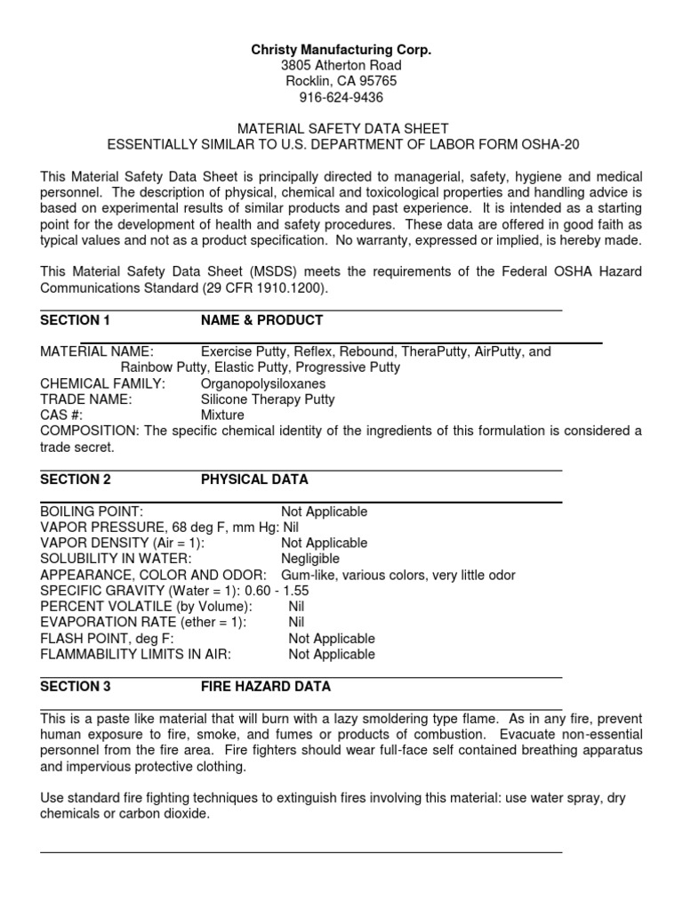Msds Putty 110531 | PDF | Resource Conservation And Recovery Act ...