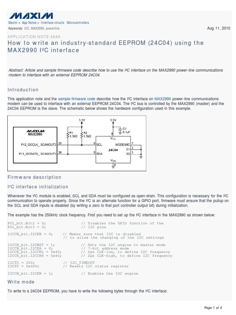How To Write An Industry-Standard EEPROM (24C04) Using The MAX2990 I C Interface | PDF ...