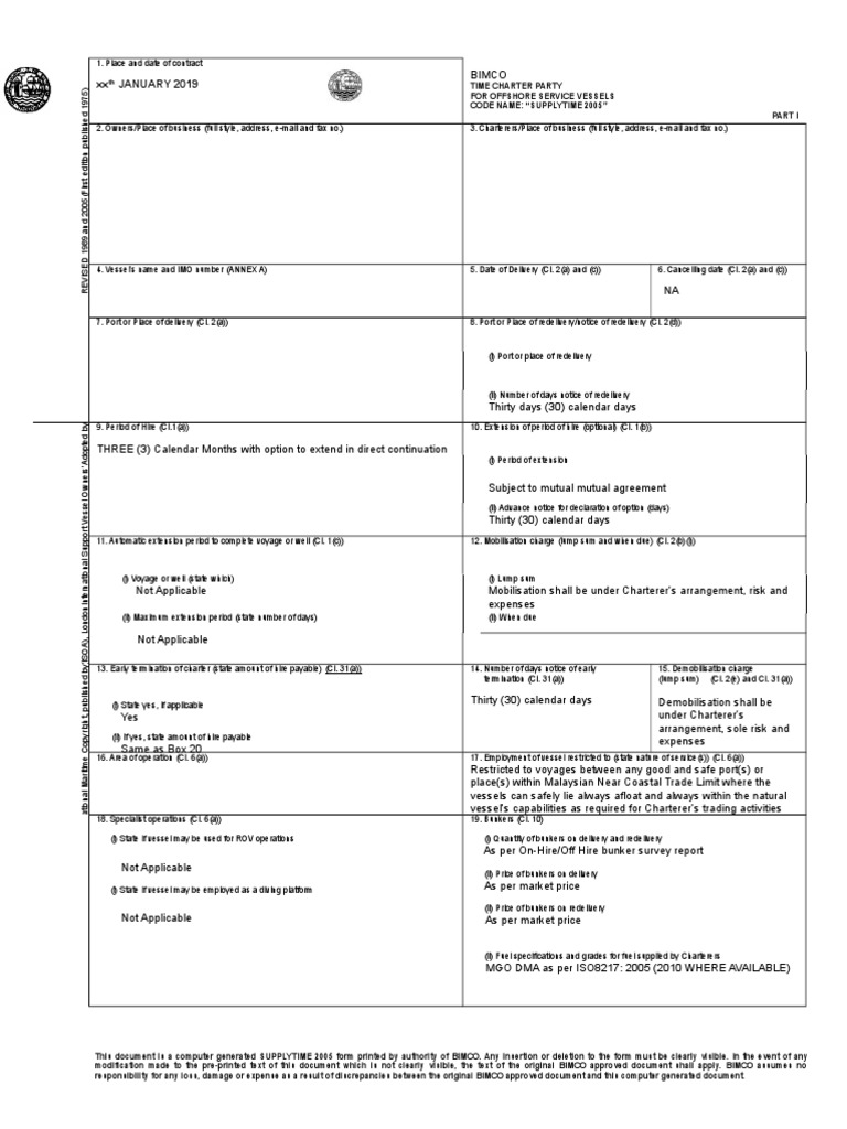 Draft Agreement Vessel - BIMCO 2005 (Part I) | PDF | Arbitration ...
