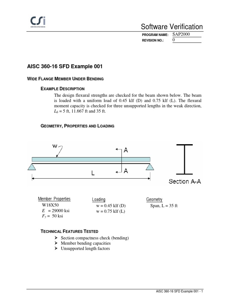 Software Verification: AISC 360-16 SFD Example 001 | PDF | Bending ...