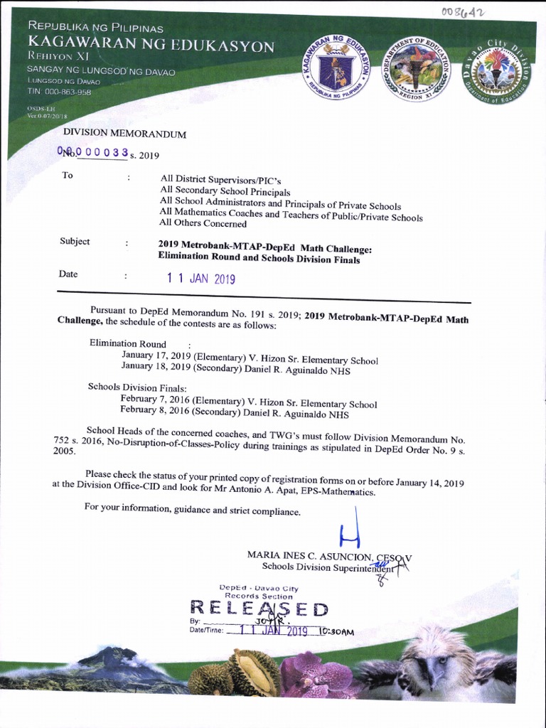 2019-Dm No. 0033 - 2019 Metrobank Mtap Deped Math Challenge Elimination Round and Schools ...
