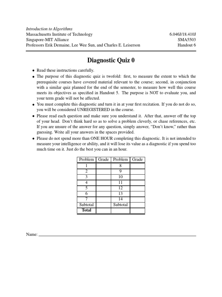 Diagnostic Quiz 0: Introduction To Algorithms | PDF | Time Complexity | Mathematical Logic