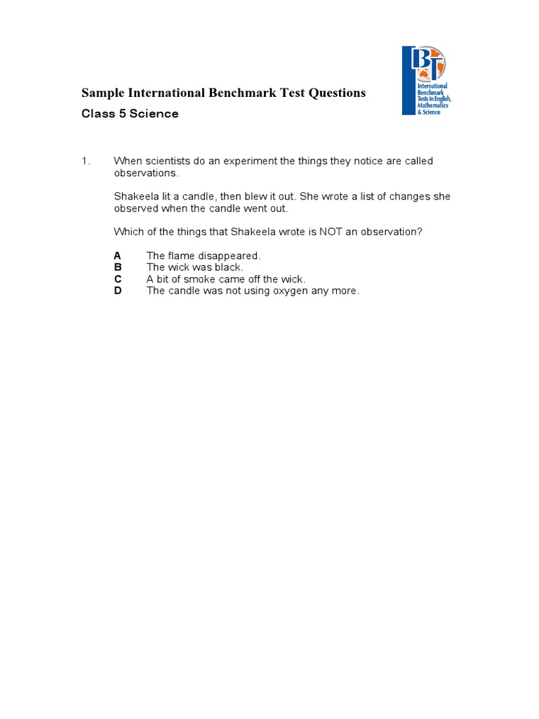 Sample International Benchmark Test Questions: Class 5 Science | PDF
