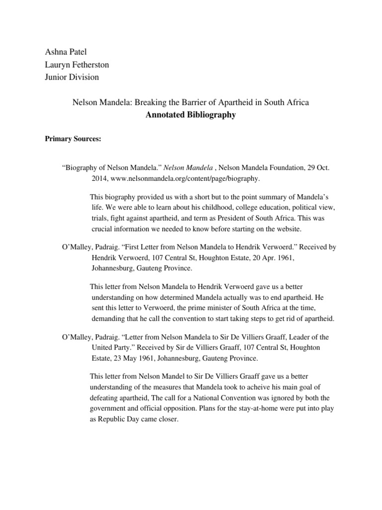 Ashna Patel NHD Annotated Bibliography | PDF | Nelson Mandela | Apartheid
