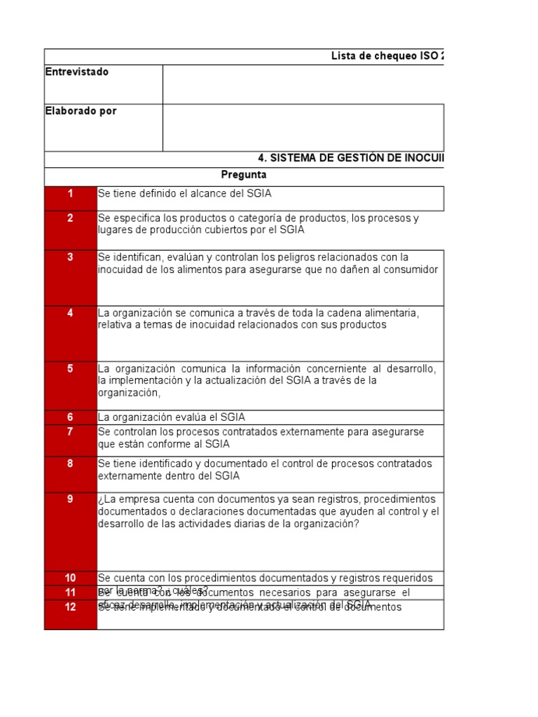 Check List Verificacion ISO 22000 | PDF | Análisis de Riesgo y Puntos ...