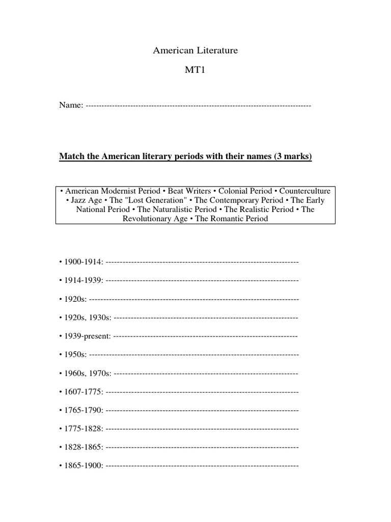 American Literature Exam: Matching Literary Periods and Passages | PDF