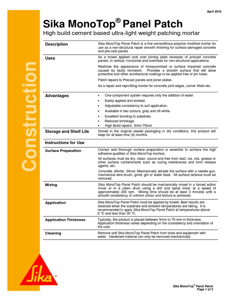 Sika Monotop Panel Patch Pds | PDF | Precast Concrete | Concrete