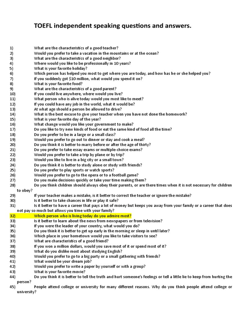 TOEFL Independent Speaking Questions and Answers | PDF | Reason | Teachers