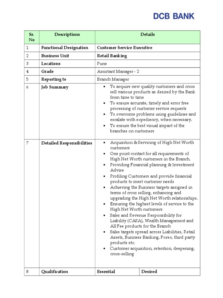 DCB Bank - JD - Branch Banking - CSE - 2017 2018 Batch | PDF | Sales ...