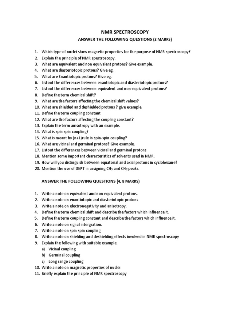 NMR Questions | PDF | Nuclear Magnetic Resonance | Nuclear Magnetic ...