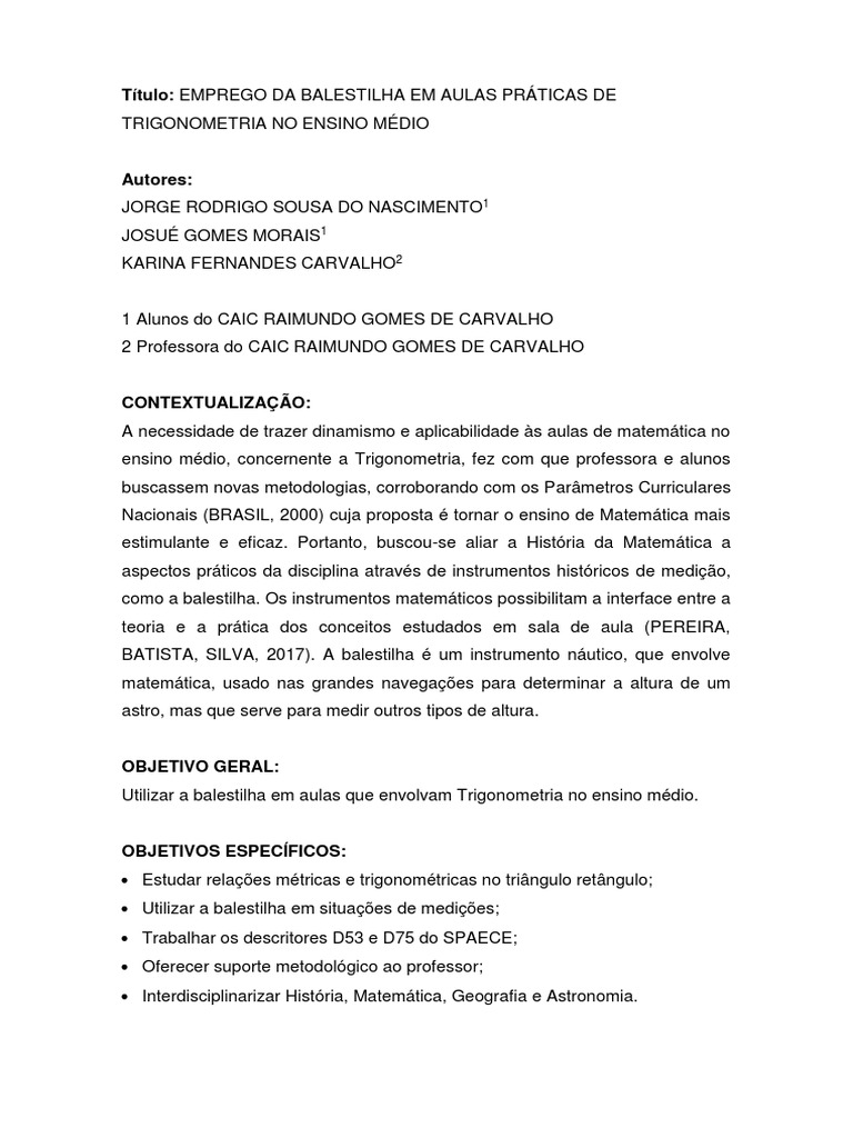 Emprego Da Balestilha em Aulas Práticas de Trigonometria No Ensino ...