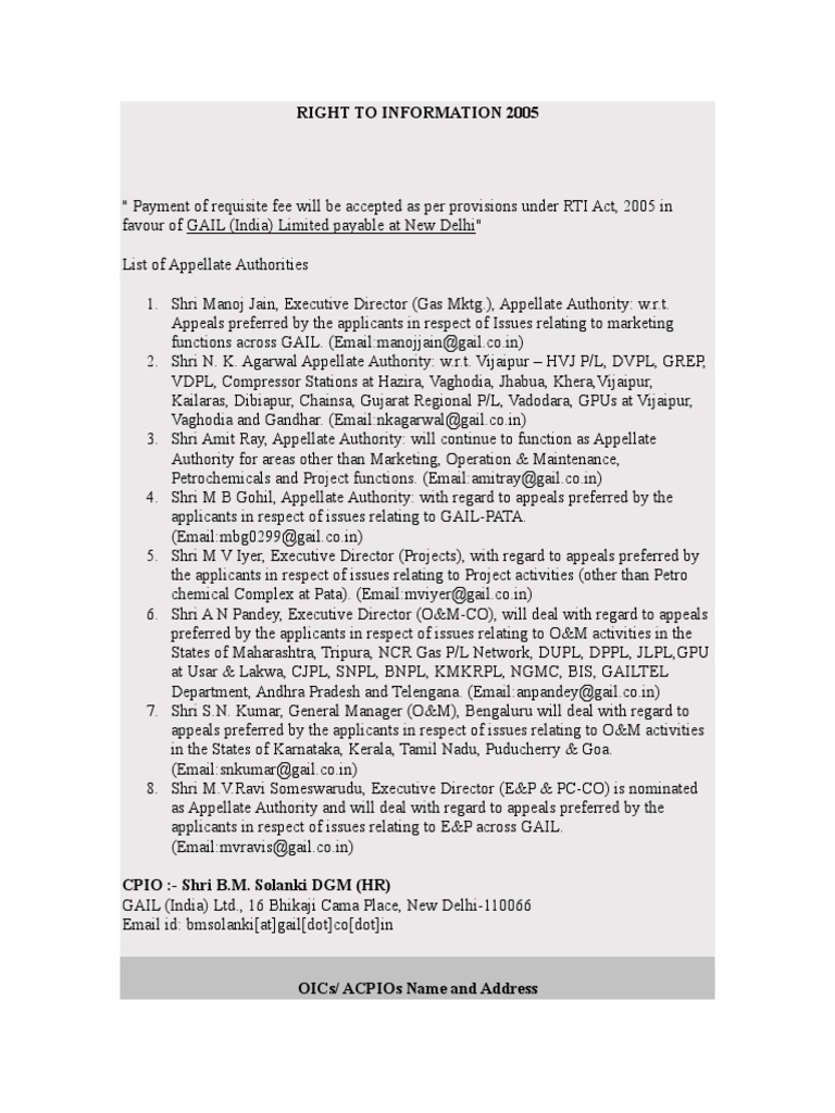 GAIL (India) Limited RTI Contact List | PDF | Board Of Directors | Stocks