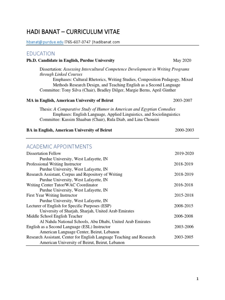 Hadi Banat CV | PDF | English As A Second Or Foreign Language | Graduate School