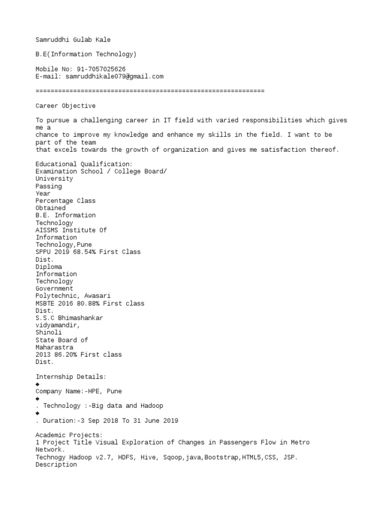 Samruddhi Kale Resume | PDF | Apache Hadoop | Data Management