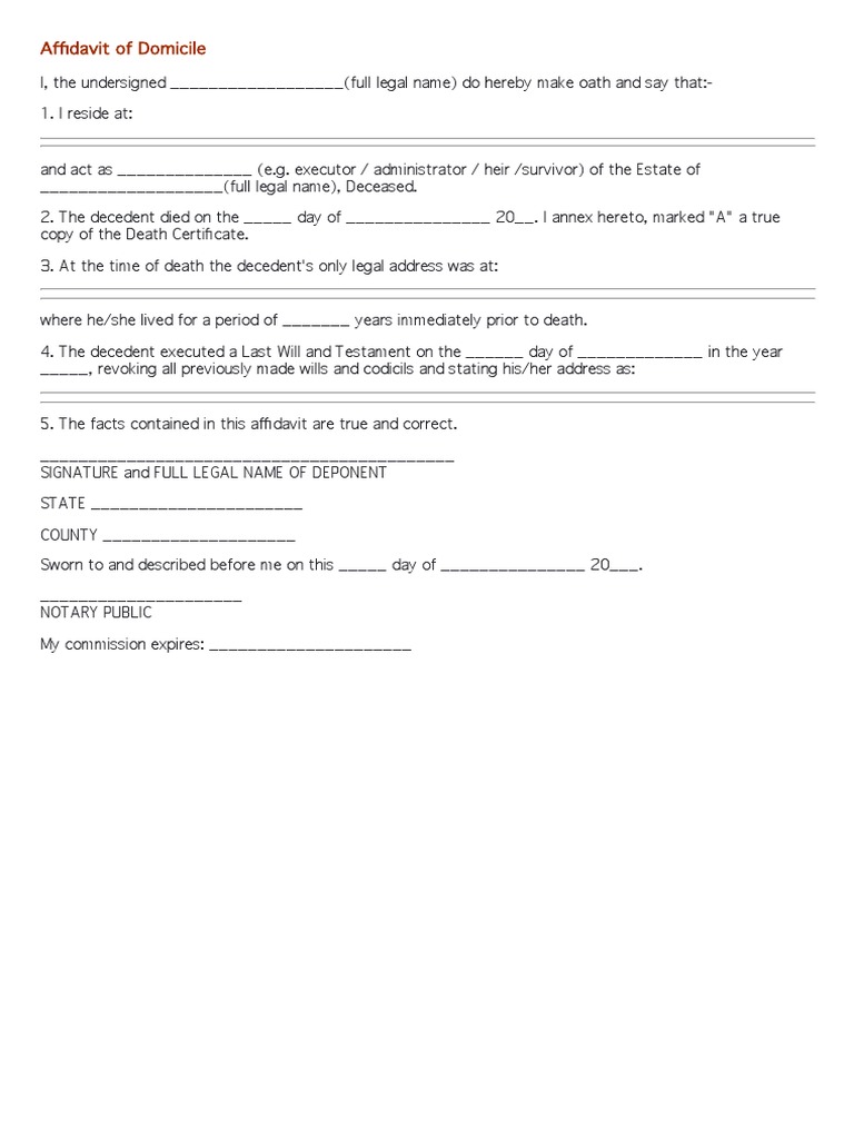 Sample Affidavit of Domicile Form | PDF