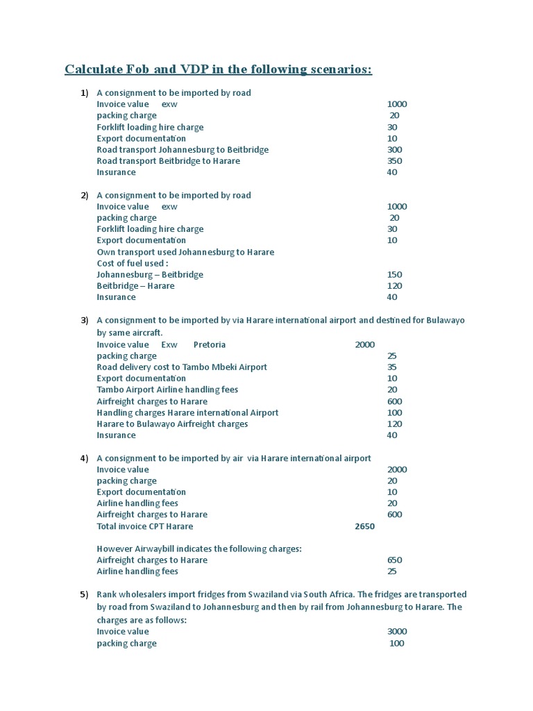 Calculate Fob and VDP in The Following Scenarios | PDF | Services ...