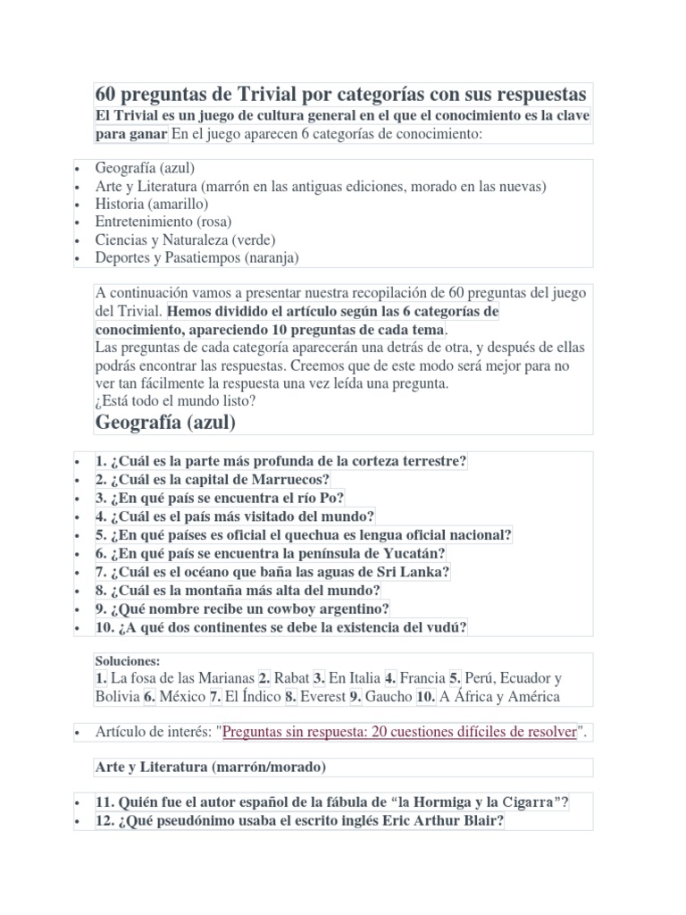 60 Preguntas de Trivial Por Categorías Con Sus Respuestas | Descargar ...