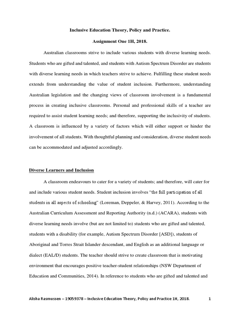 Alisha Rasmussen - 19059378 - Inclusive Education Assignment 1 | PDF | Inclusion (Education ...