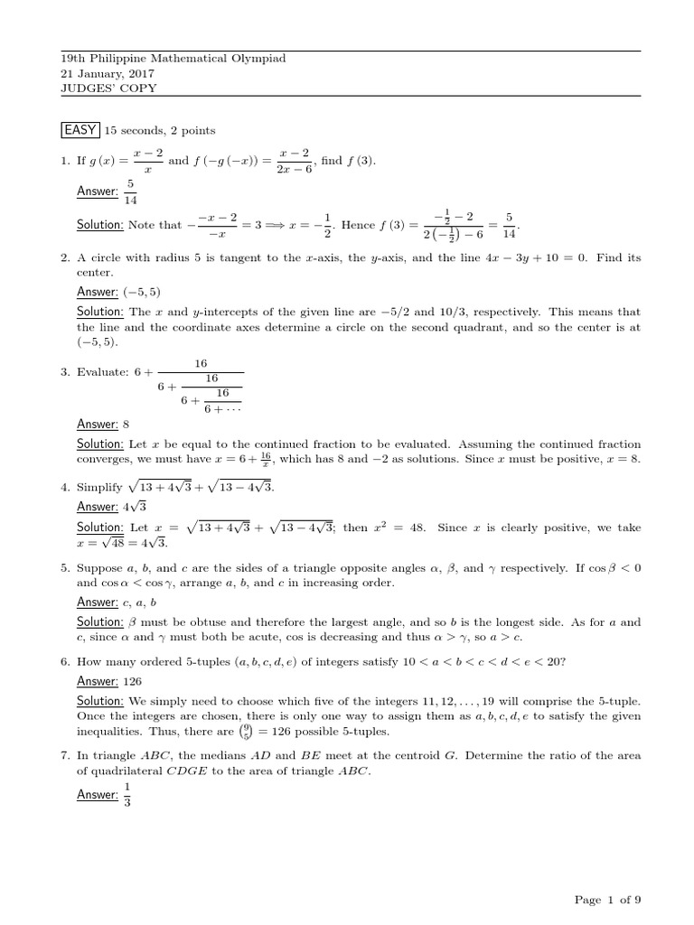 19th Philippine Math Olympiad Problems | PDF | Triangle | Elementary ...