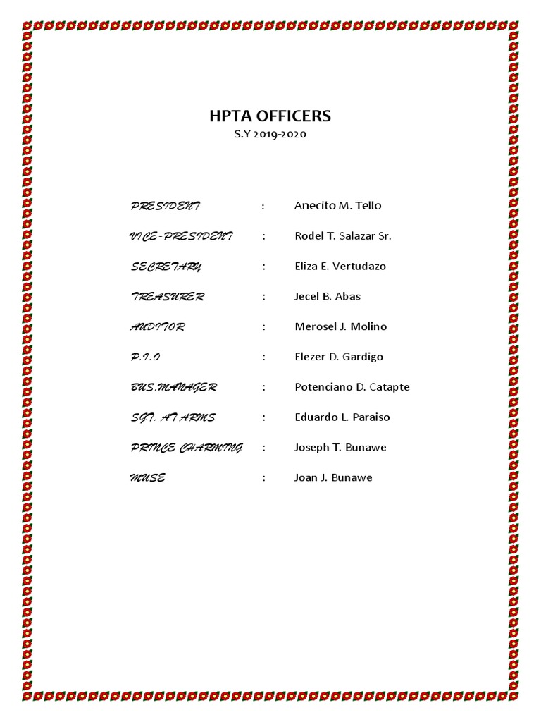 HPTA and Classroom Officer List 2019-2020 | PDF | Travel