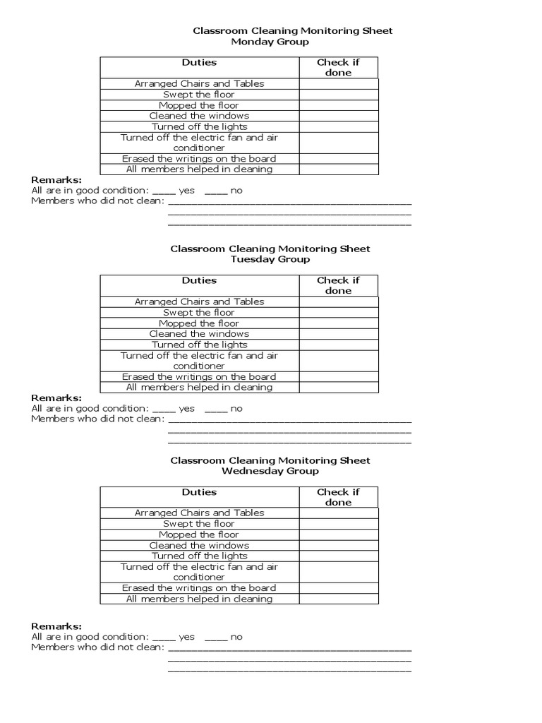 Cleaning Monitoring Sheet | PDF | Nature