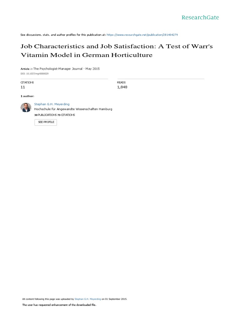 Job Characteristics and Job Satisfaction: A Test of Warr's Vitamin ...