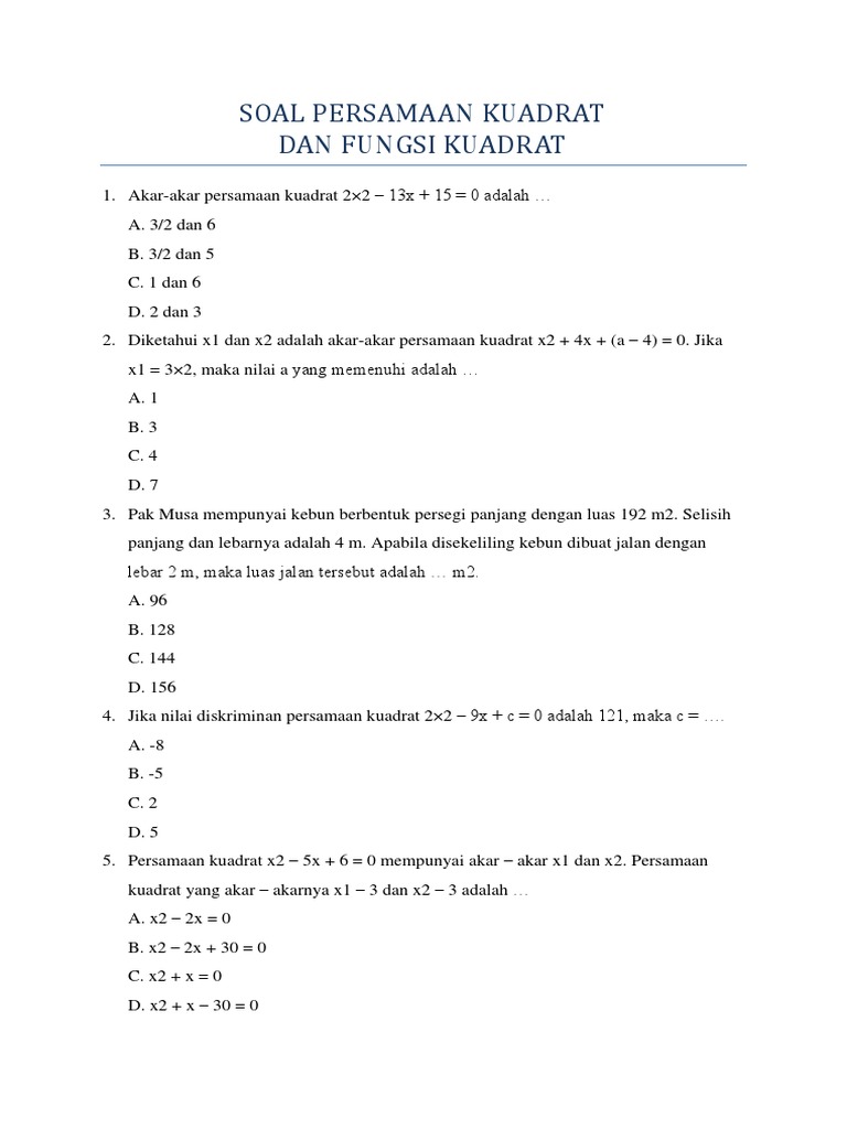 Soal MTK Persamaan Quadrat Dan Dan Fungsi Kuadrat | PDF | Metode ...