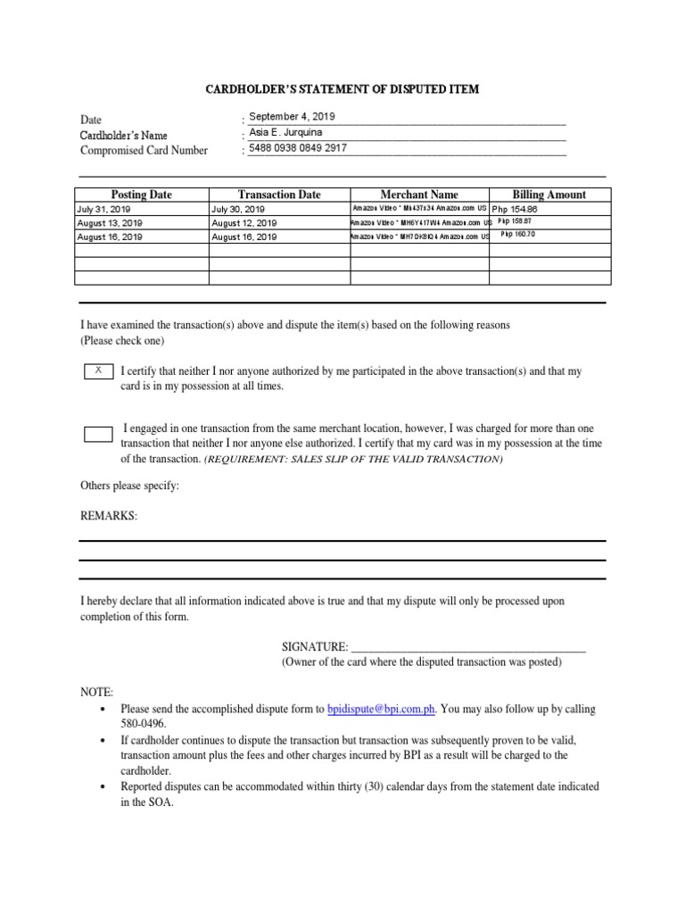 Cardholder Dispute Form | PDF | Business | Finance & Money Management